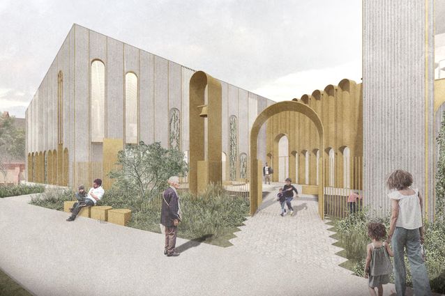 Studio Bright’s golden, arched church expansion approved | ArchitectureAu